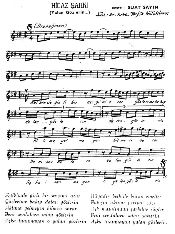 Kalbimde gizli bir sevgi mi arar (YALAN GÖZLERİN) Notası Sözleri ...